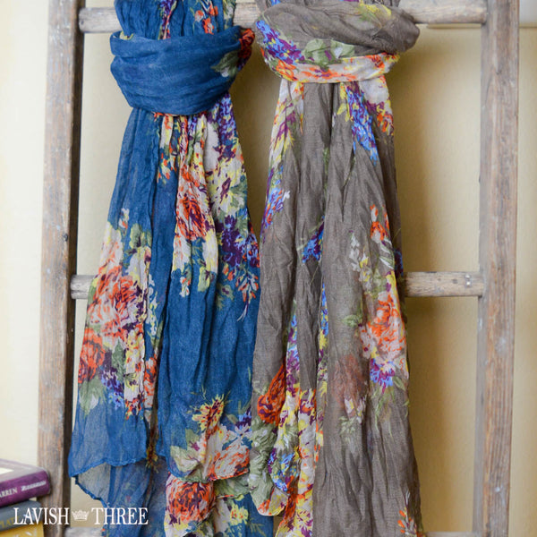 Country Chic vintage floral scarf accessory floral blue or beige combo ...