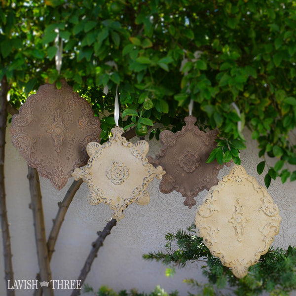 Rustic shabby chic wall decor tin embossed medallion on satin ribbon ...