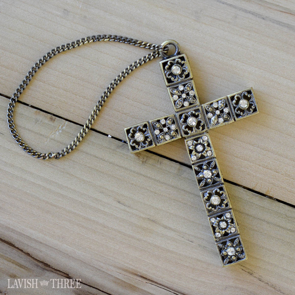 Large crystal jeweled antique brass Latin cross on chain ornament ...