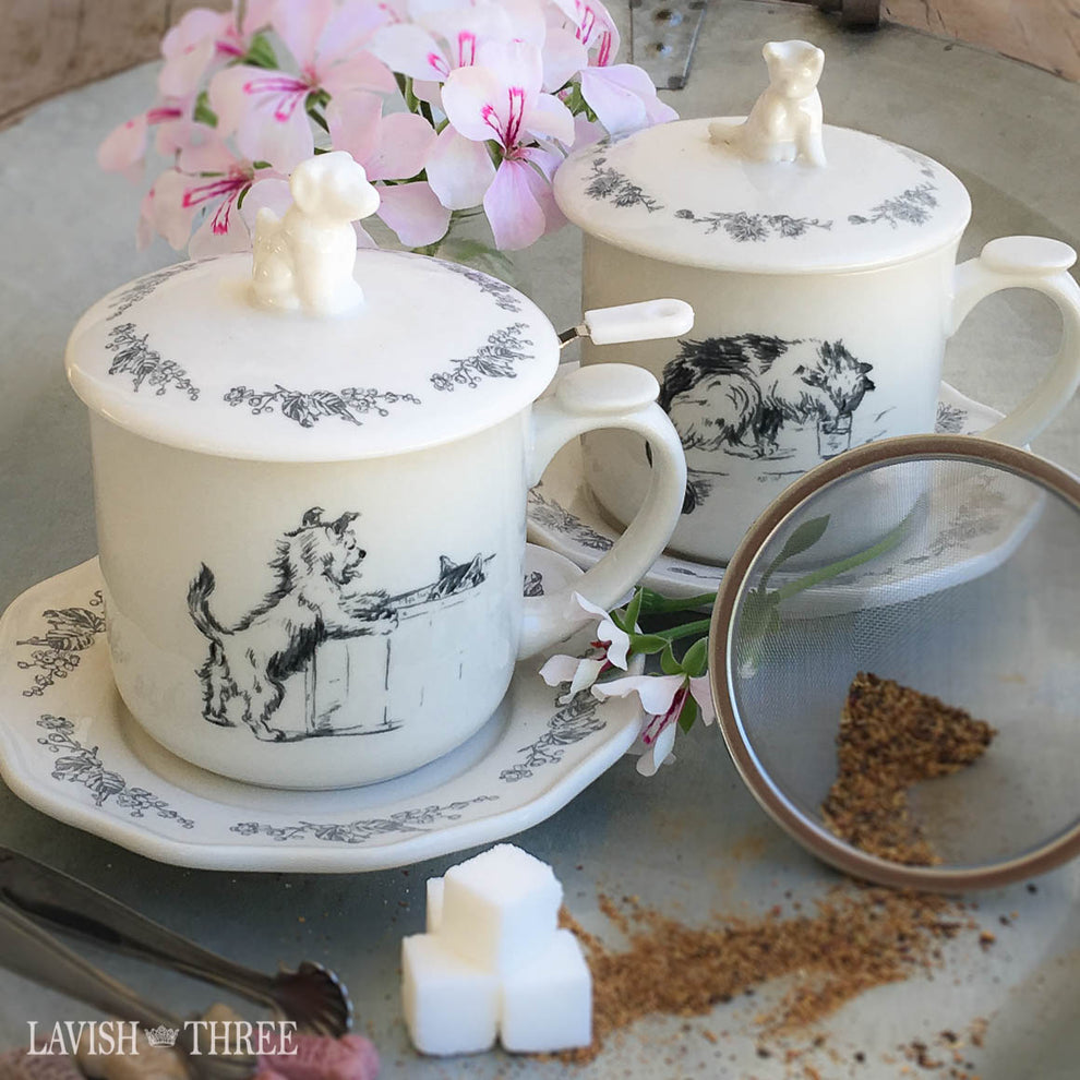 French country puppy, kitten, dog or cat lover 4 piece ceramic tea set ...
